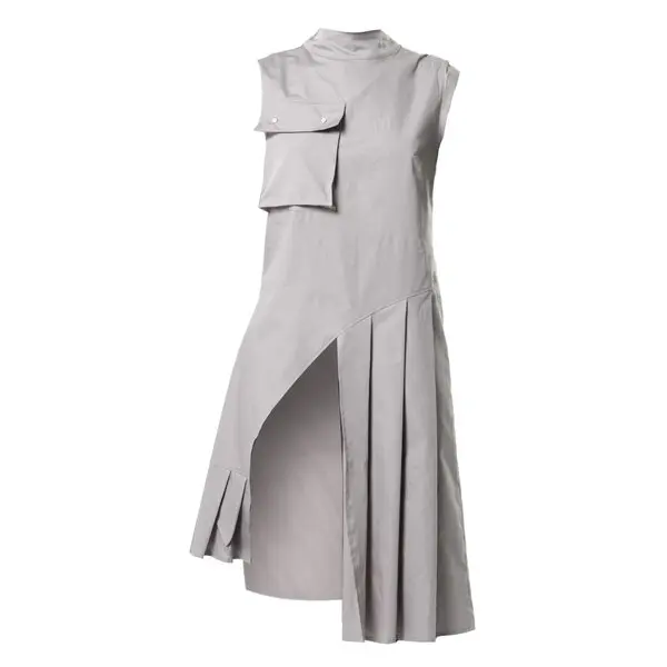 METAMORPHOZA Sleeveless Pleated Tunic With Front Pocket - Grey