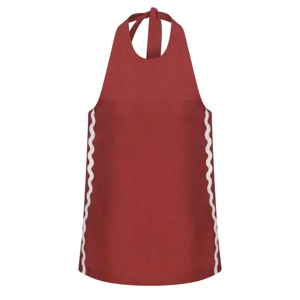THISISU COLLECTION Wavy Top Tie-neck Linen Top With Wavy Trim Cherry Clay - Red