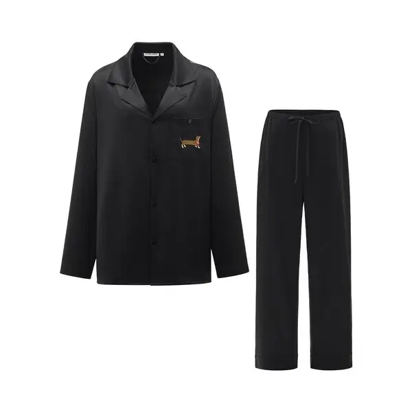 Not Just Pajama Dachshund Charm Silk Lounge Set - Black