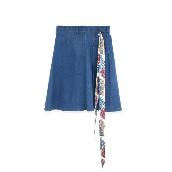 PROFILE NYC Denim Pleat Kilt Skirt With Tie - Blue