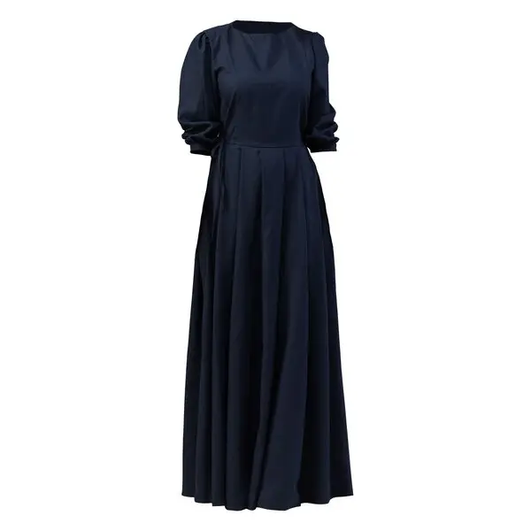 NIKKA PLACE Vintage Inspired Linen Dress With Puff Sleeves And Pockets In Dark - Blue