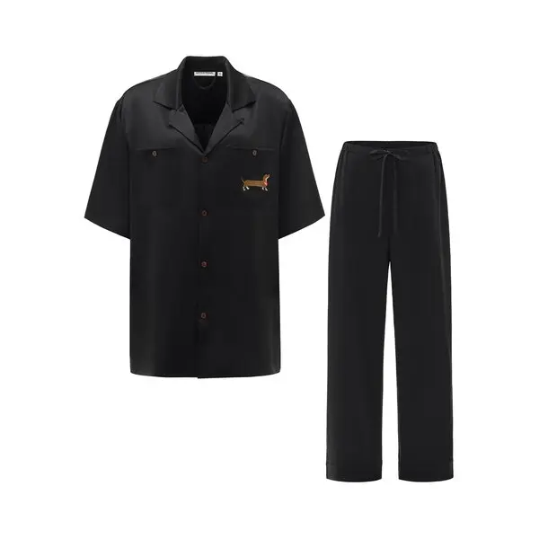 Not Just Pajama Dachshund Chic Silk Lounge Set - Black