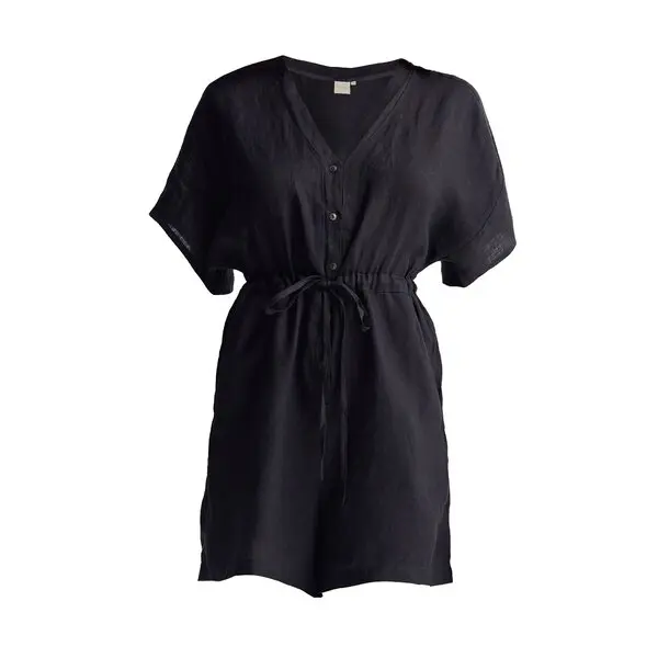 REISTOR V Neck Drawstring Romper - Black