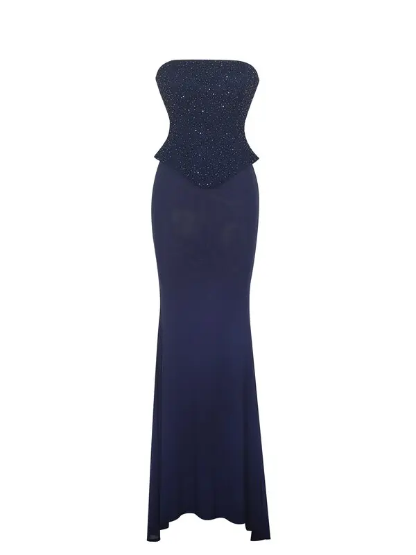 MISS CIRCLE NEW YORK Orabelle Navy Beaded Peplum Mermaid Maxi Gown With Lace-up Back - Blue