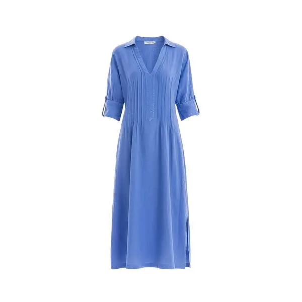 Haris Cotton Linen Three Quarters Sleeve Dress With Deep V Neck Line And Pintucks Regatta - Blue