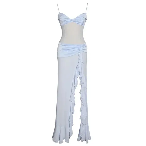 MISS CIRCLE NEW YORK Lacy Ruched Breast High Slit Chiffon Dress - Blue