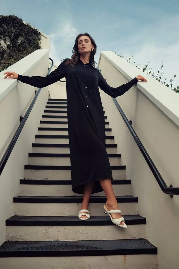 PROFILE NYC Flowy Pleat Shirt Dress - Black