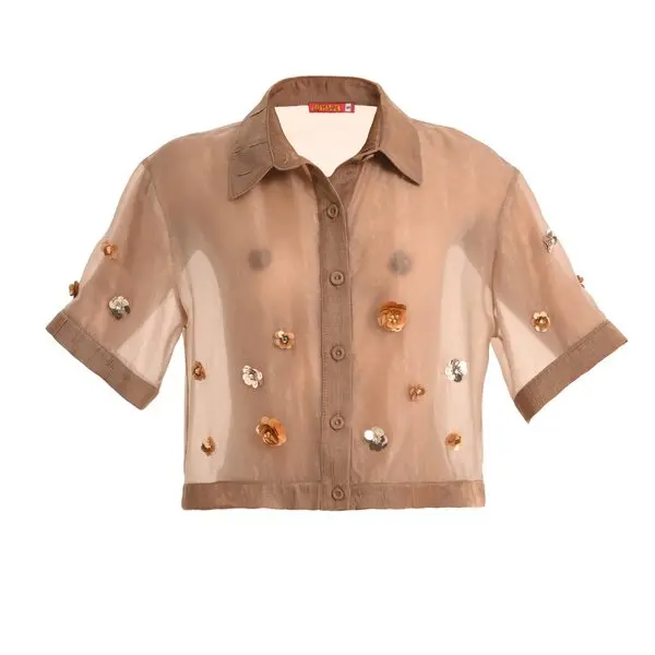 LALIPOP DESIGN Floral Appliqué Sheer Bomber Jacket - Brown