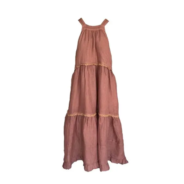 Haris Cotton Lace Incert Linen Gauze Strapped Maxi Dress Blush - Brown