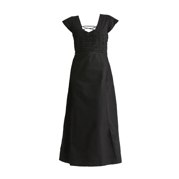 REISTOR Ruched Cotton Dress With Front Slit - Black