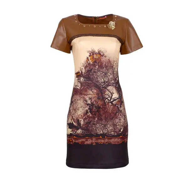 LALIPOP DESIGN Neutrals All-over Graphic Print Short Sleeve Dress Panelled With Vegan Leather - Black