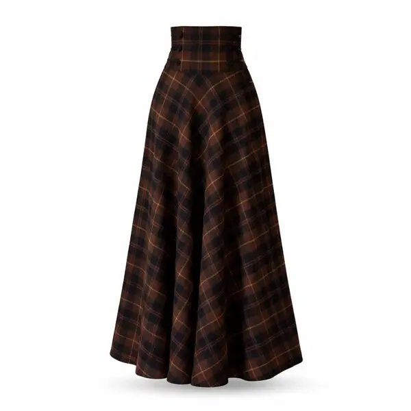 NIKKA PLACE Long Wool Skirt With High Waist And Pockets In Dark Plaid - Brown