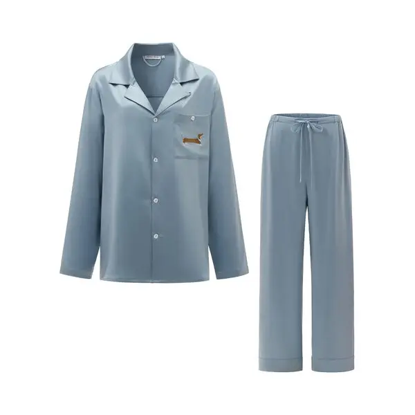 Not Just Pajama Dachshund Charm Silk Lounge Set - Blue