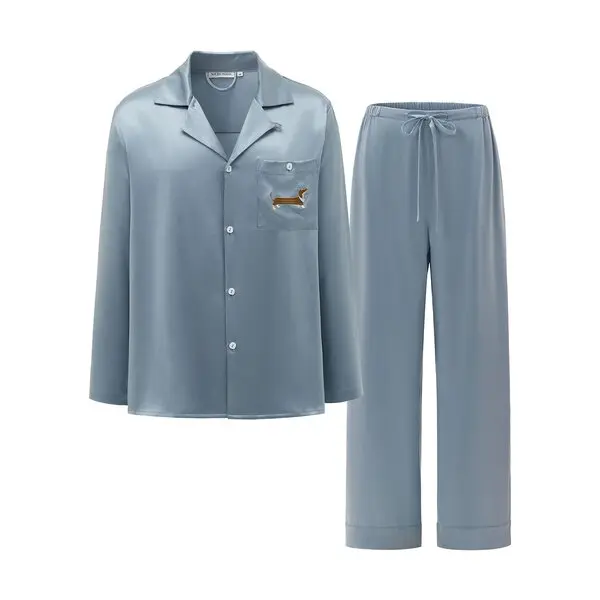 Not Just Pajama Dachshund Charm Silk Lounge Set - Blue
