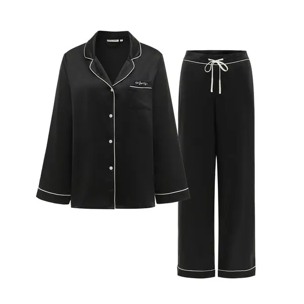 Not Just Pajama Little Heart Classic Silk Pajama Long Set - Black