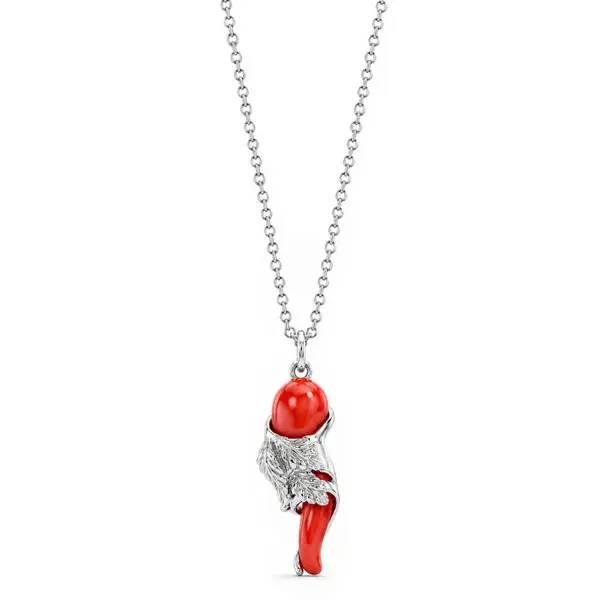 UNALOE Silver / Red Sterling Silver Red Cornicello Leaf Pendant Necklace - Silver/red