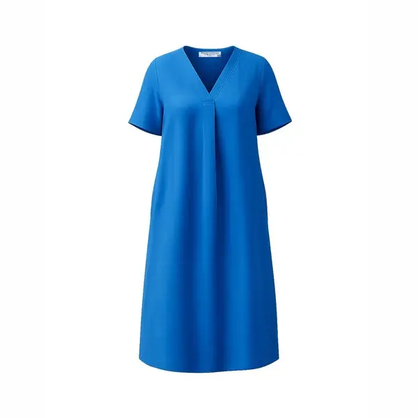 Haris Cotton Notched Neckline Curve Linen Dress With Batwing Sleeve Sapphire - Blue