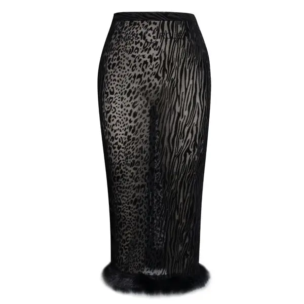 MISS CIRCLE NEW YORK Halia Animal Print Burnout Velvet Fur Trim Skirt - Black