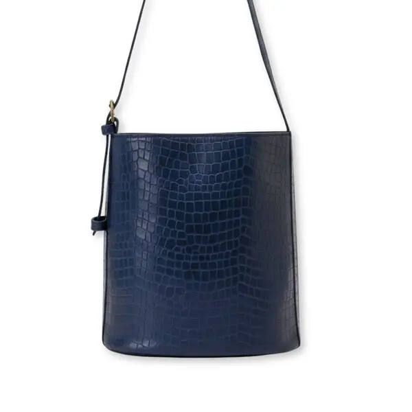 JUAN-JO Navy Croc Embossed Leather Bucket Bag - Blue