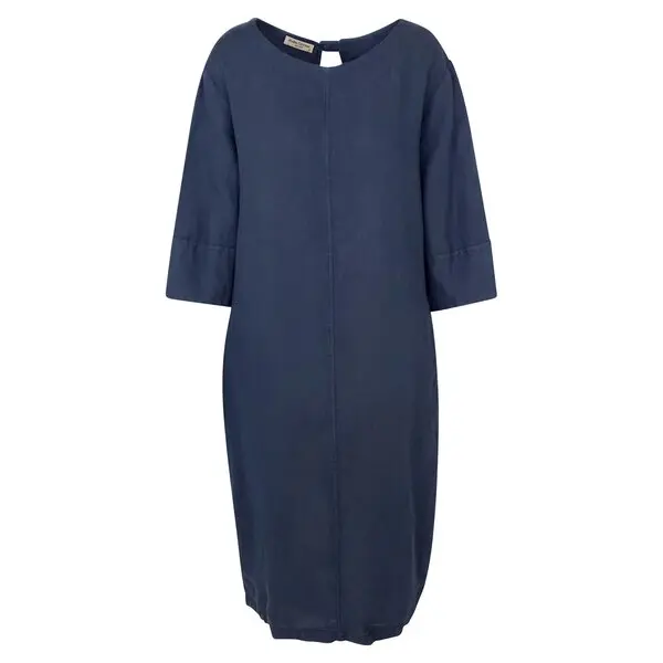 Haris Cotton Keyhole Neckline Midi Linen Dress With Three Quarter Sleeve Marine - Blue