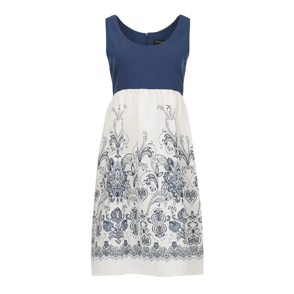 CONQUISTA Elegant Sleeveless A-line Dress With Embroidered Skirt & White - Blue