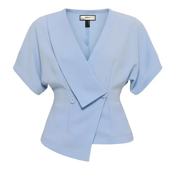 NISSA V-neck Crepe Top - Blue