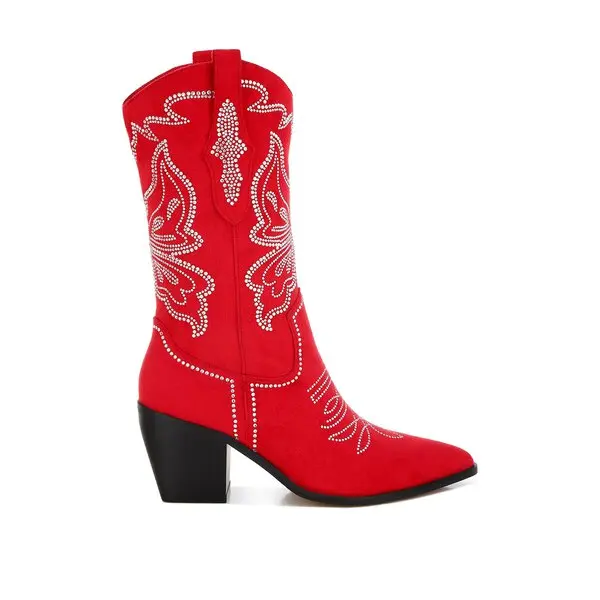 RAG & CO Latafa Rhinestones Embellished Cowboy Boots In By - Red
