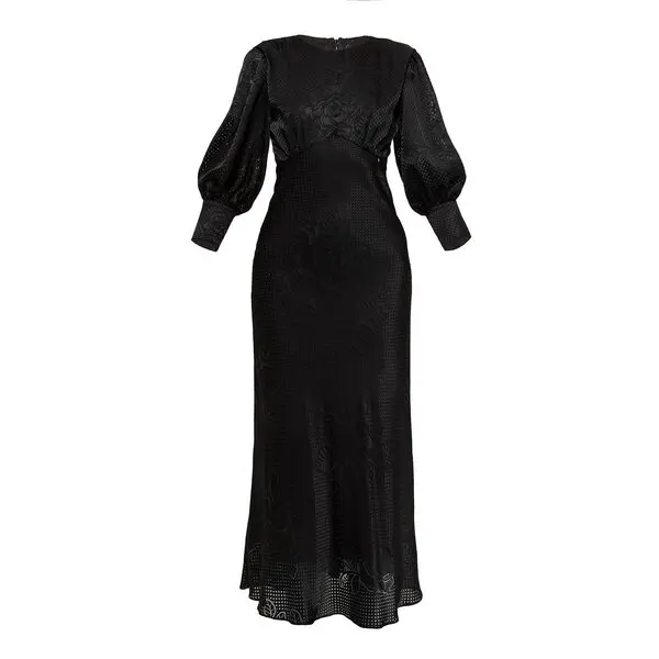 NISSA Puff-sleeve Viscose Midi Dress - Black