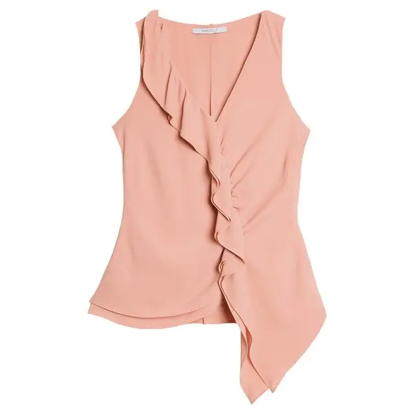 Santorelli Sleeveless Top With Asymmetric Ruffle Panels In Fluid Crepe