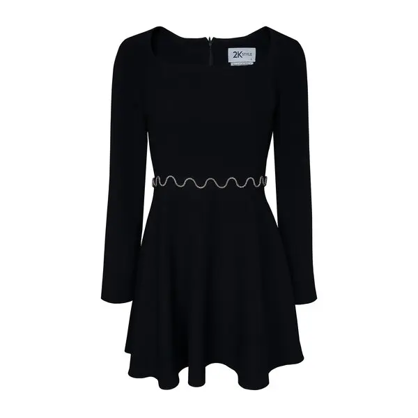 2KSTYLE Brigitte Square Neckline Chain-embellished Skater Mini Dress - Black