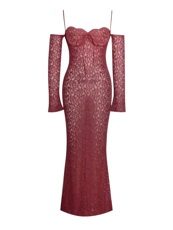 MISS CIRCLE NEW YORK Udaya Burgundy Lace Long Sleeve Maxi Dress - Red