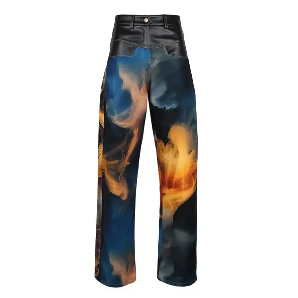 LALIPOP DESIGN Wide-leg Pants With Vegan Leather Waist And Digital Flame Print - Black