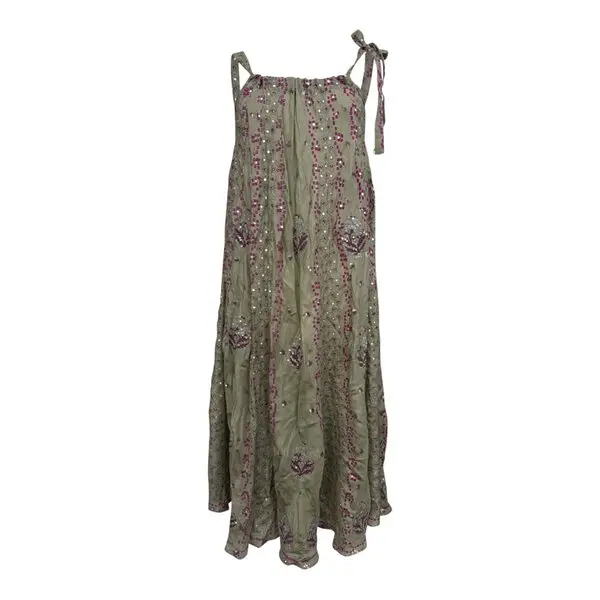 JOSHI Silk Beaded Olive Tie Shoulder Dress - Green