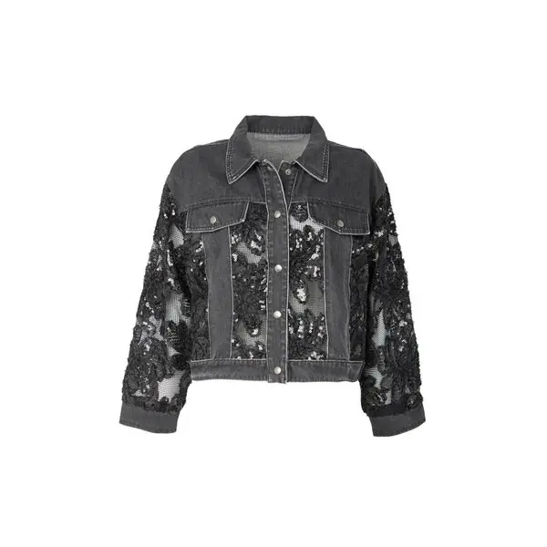 Saachi Denim Sequin Soft Lace Jacket - Black