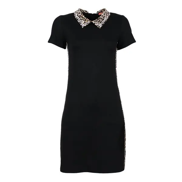 LALIPOP DESIGN Mini Knitted Dress With Faux Crystal Embellished Leopard Print Collar - Black