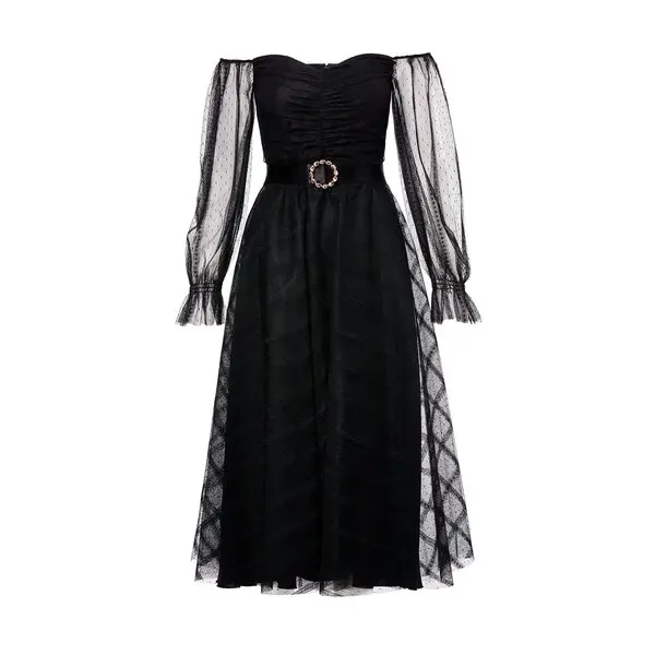 NISSA Off-shoulder Tulle Dress - Black