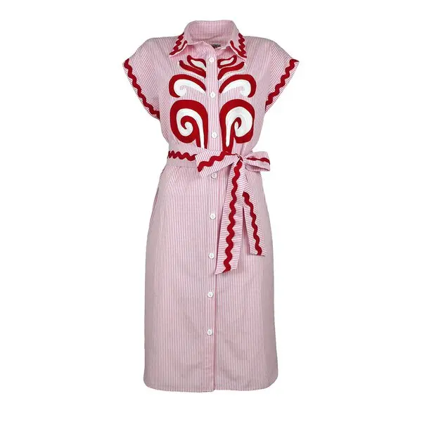 LALIPOP DESIGN Pinstripe Cotton Shirtdress With Paisley Embroidery - Red