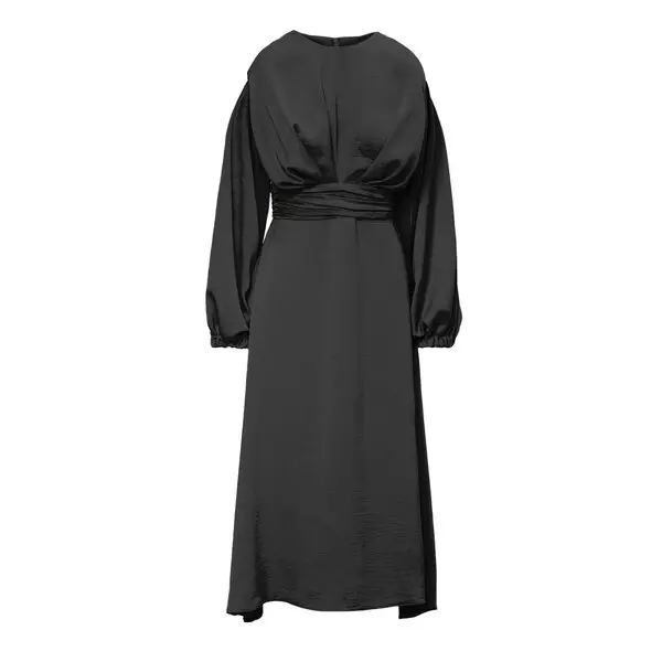 BLUZAT Midi Dress With Shoulder Pads Detail And Pleats - Black