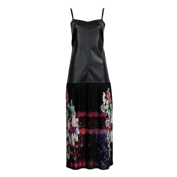LALIPOP DESIGN Vegan Leather Maxi Dress With Pleated Skirt - Black
