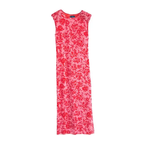 L2R THE LABEL Shoulder Pad Printed Mesh Dress In Lana - Red