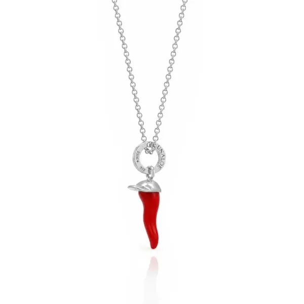UNALOE Silver / Red Sterling Silver Red Cornicello Pendant Necklace With Polished Silver Cap - Silver/red