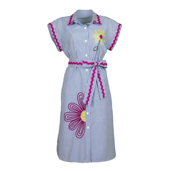 LALIPOP DESIGN Pinstripe Cotton Shirtdress With Flower Embroidery - Blue