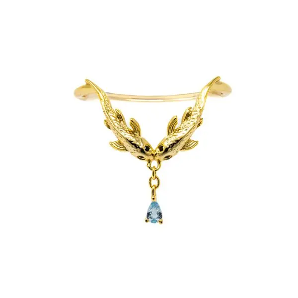 NASI SILVER Two Wishes Wishbone Ring- Topaz- Gold - Blue
