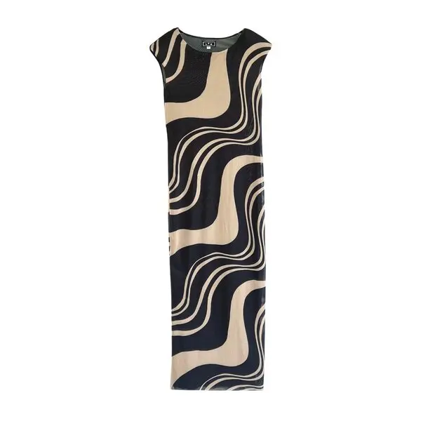 L2R THE LABEL Neutrals / Shoulder Pad Printed Mesh Dress In Beige - Black