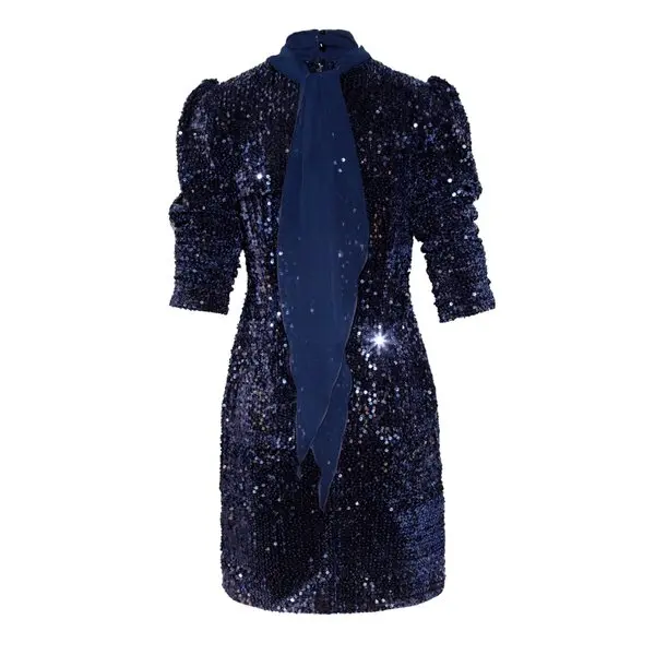 OTTHIE Velvet Sequin Cocktail Mini Dress With Sash Navy - Blue