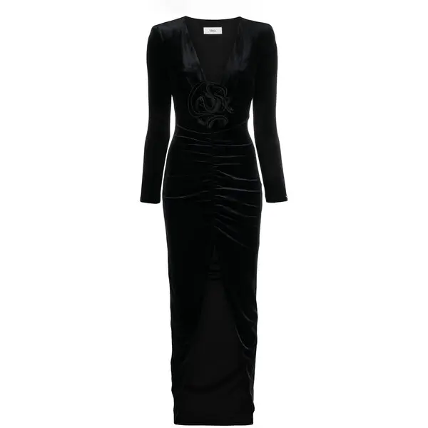NISSA Floral-detailing Velvet Dress - Black