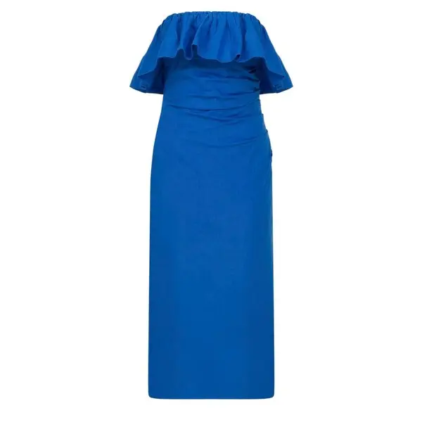 THISISU COLLECTION Seashell Midi Dress Strapless Linen Midi Dress With Ruffle Detail And Lining Aegean Wave - Blue