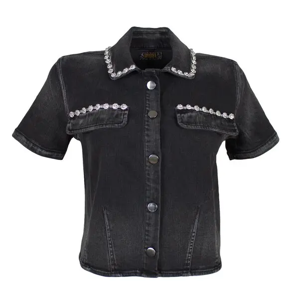 LALIPOP DESIGN Hand Stitched Crystal Embellished Denim Cropped Jacket - Black