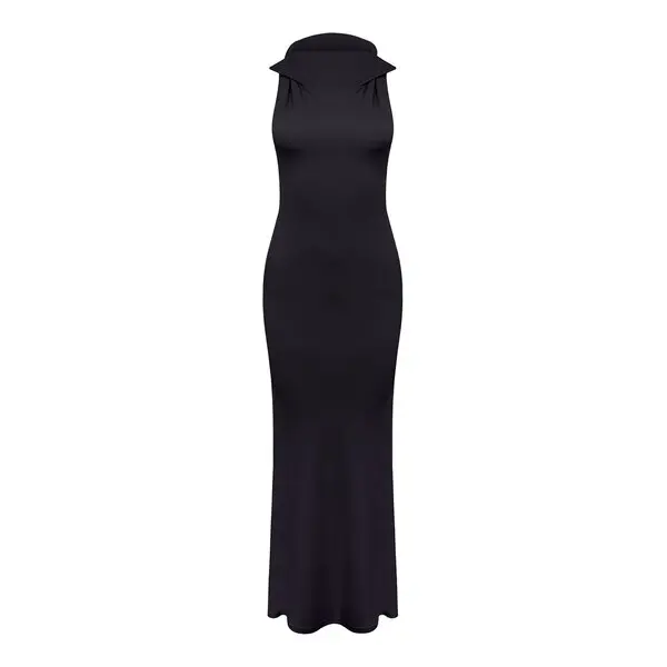 MANDRAGORA Lana – Steel Elegant Stretch Maxi Dress With Hood - Grey