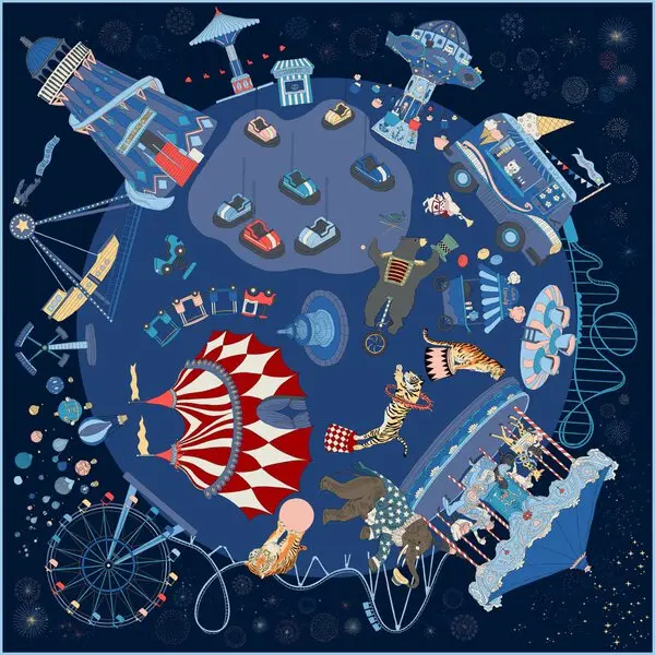 WENZI Blue / Red Carnival Wonderland Hand Painted Pattern Double Sided Silk Twill Scarf - Blue/red